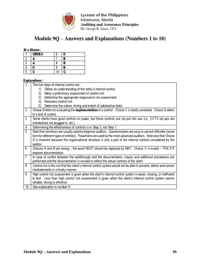 Module 9Q - Answers and Explanations (Numbers 1 To 10) : Lyceum of The ...