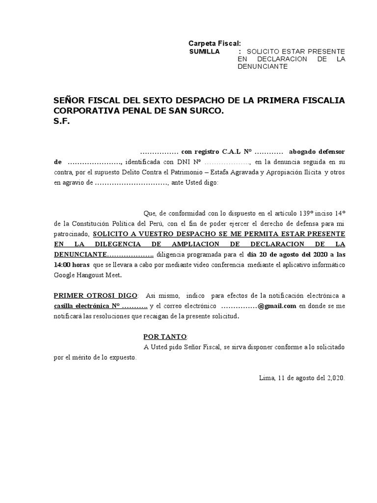 Solicito Estar Presente en Declaracion de Agraviada | PDF