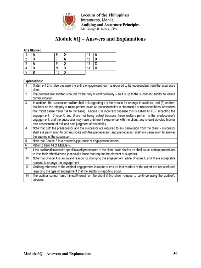 Auditing Principles Module 6Q Answers | PDF | Audit | Justice