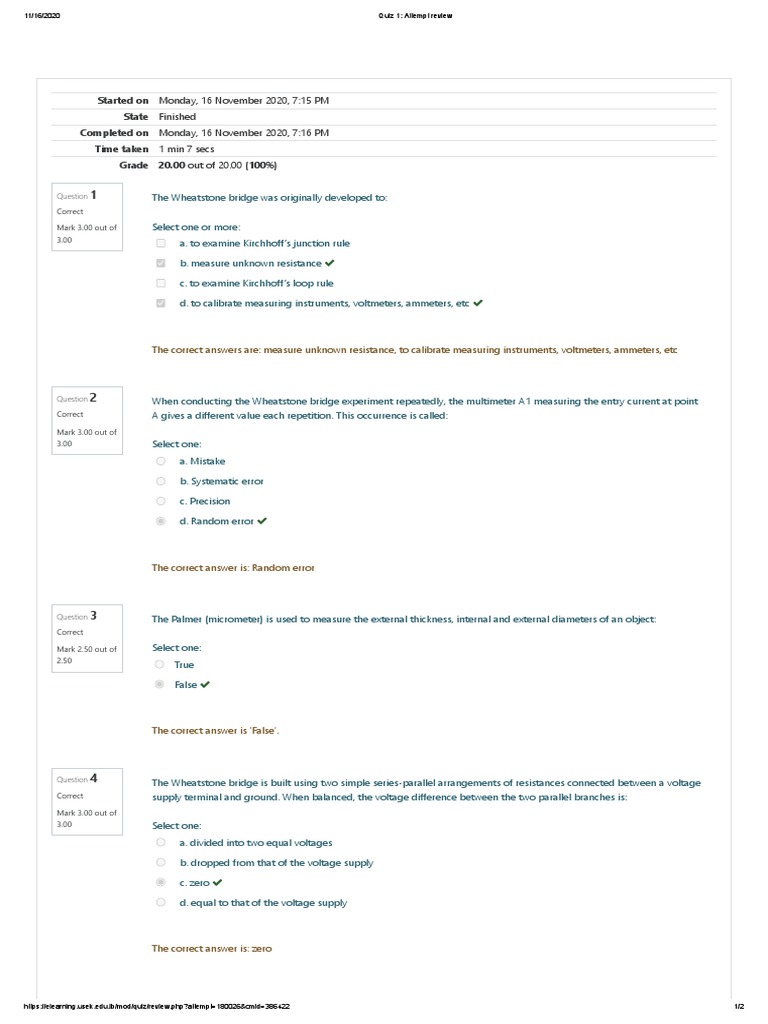 Quiz1 Fall2020 Solution | PDF | Observational Error | Measuring Instrument