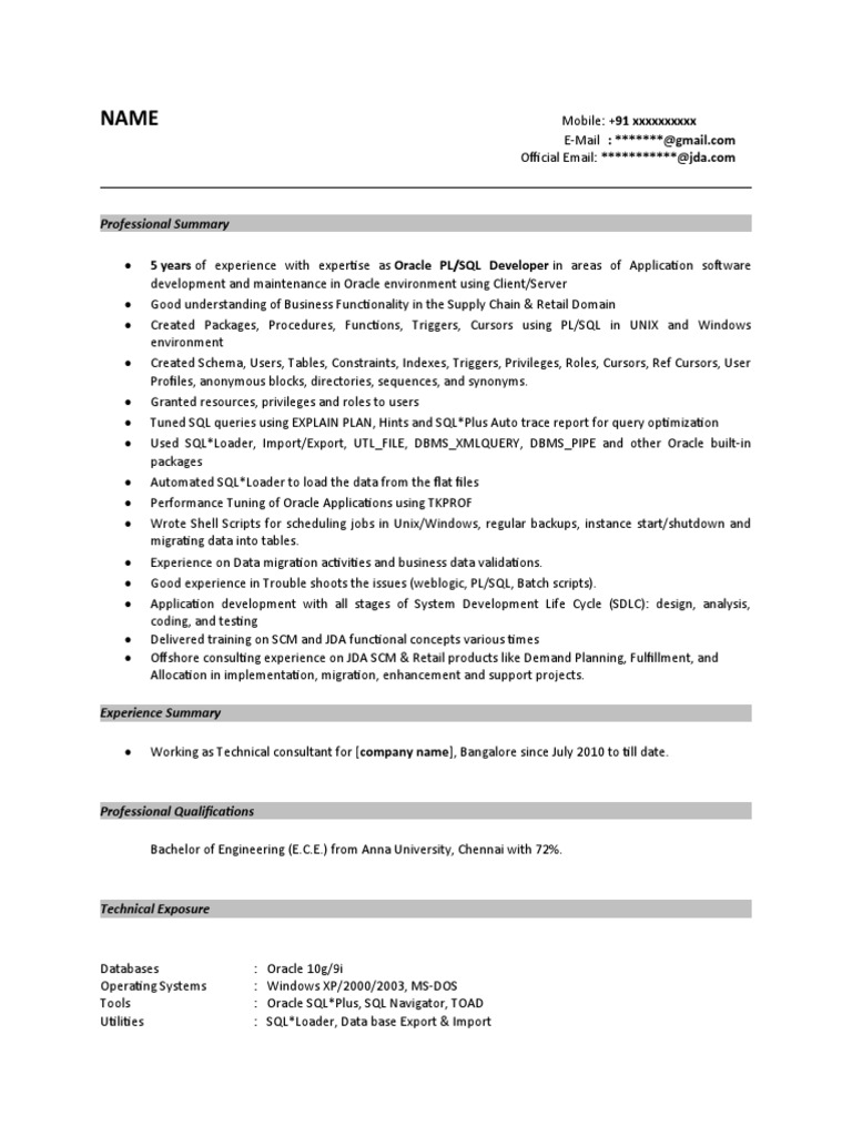 Oracle PL SQL Sample Resume 3 | PDF | Databases | Sql