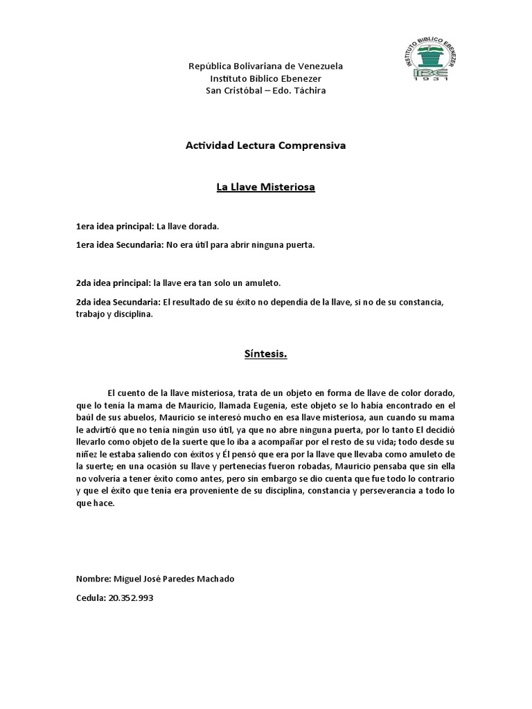 Lectura Comprensiva Cuento de La Llave Misteriosa | PDF