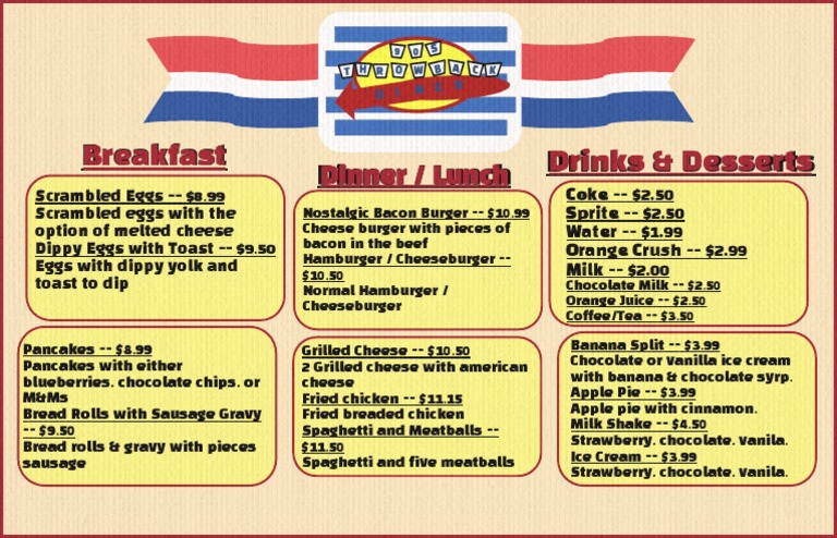 90s Throwback Diner Menu | PDF