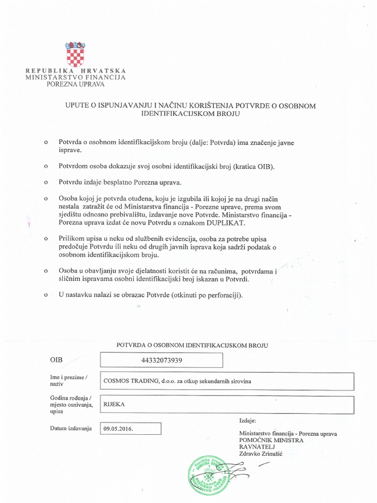 20 Potvrda o OIB-u | PDF