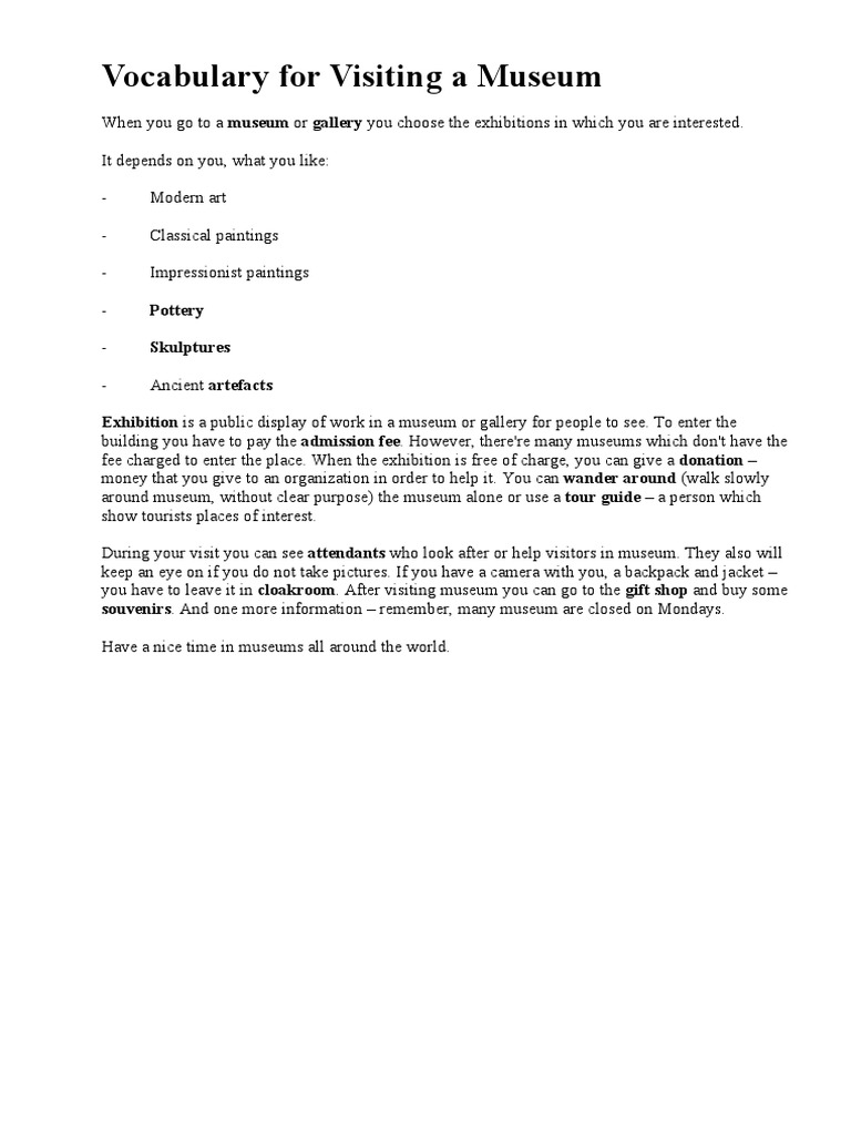 Vocabulary For Visiting A Museum1 | Download Free PDF | Museum | The Arts