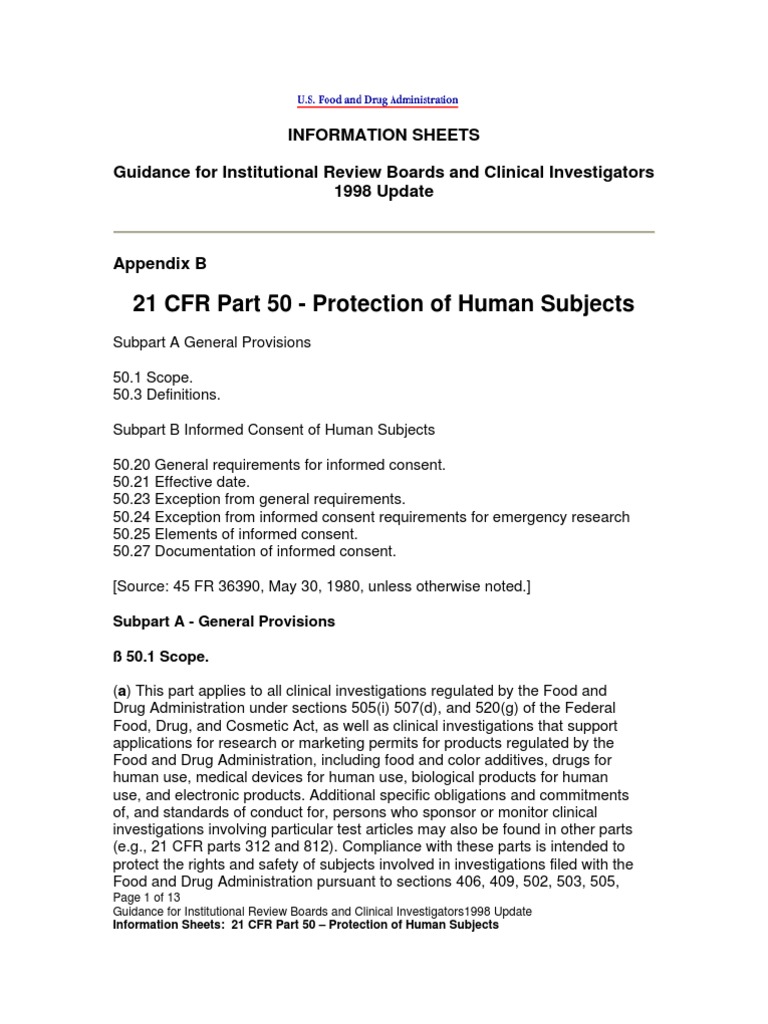 21 CFR Part 50 - Protection of Human Subjects | Institutional Review ...