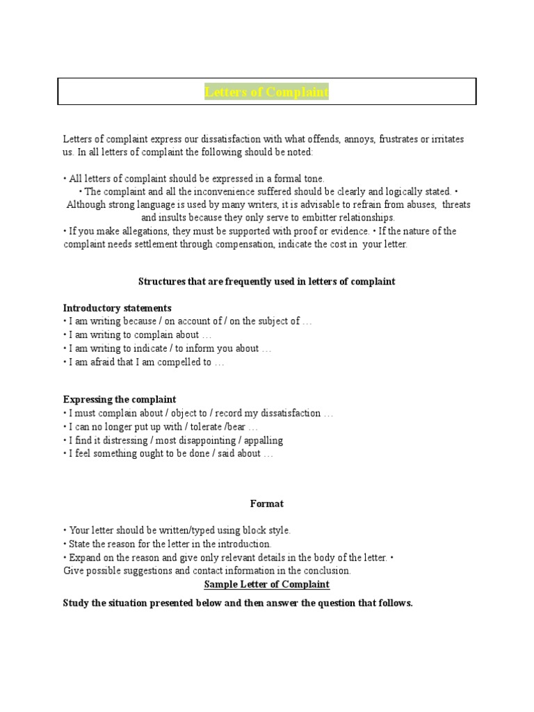 Structures That Are Frequently Used in Letters of Complaint ...