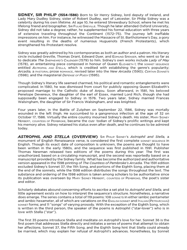 7c. Sir Philip Sidney and Study Notes For His Sonnets | PDF | Id | Poetry