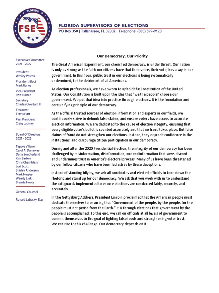 Florida Supervisors of Elections 'Rhetoric' Memo | PDF