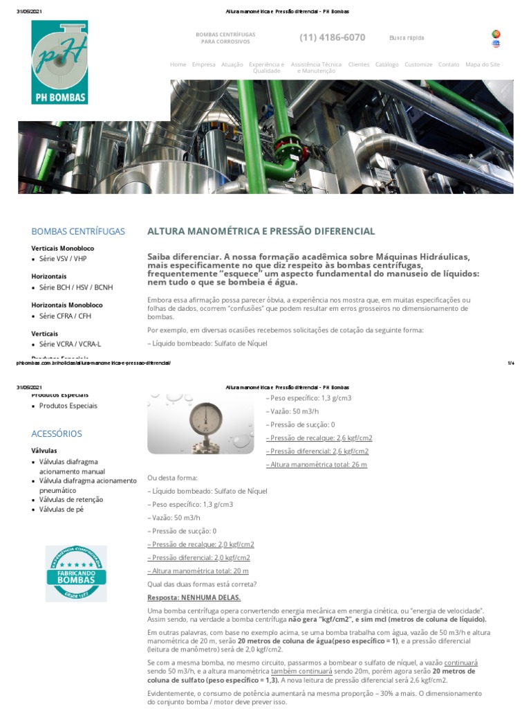 Altura Manométrica e Pressão Diferencial - PH Bombas | PDF | Bomba ...