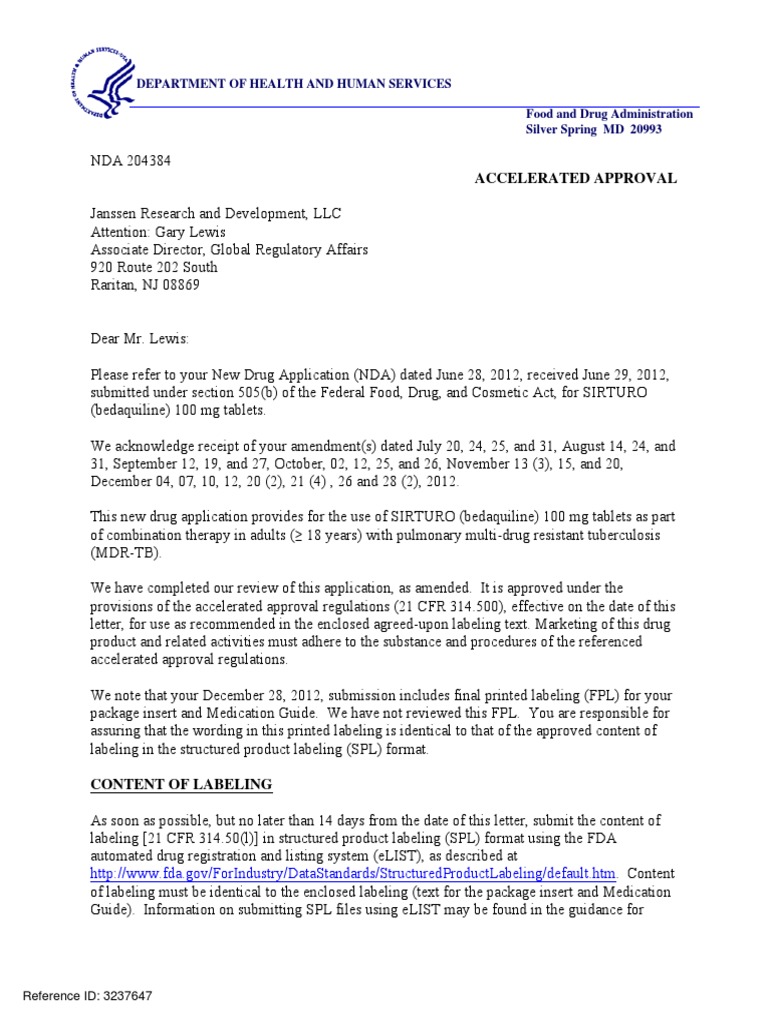 FDA Approves SIRTURO for MDR-TB | PDF | Federal Food | Food And Drug ...