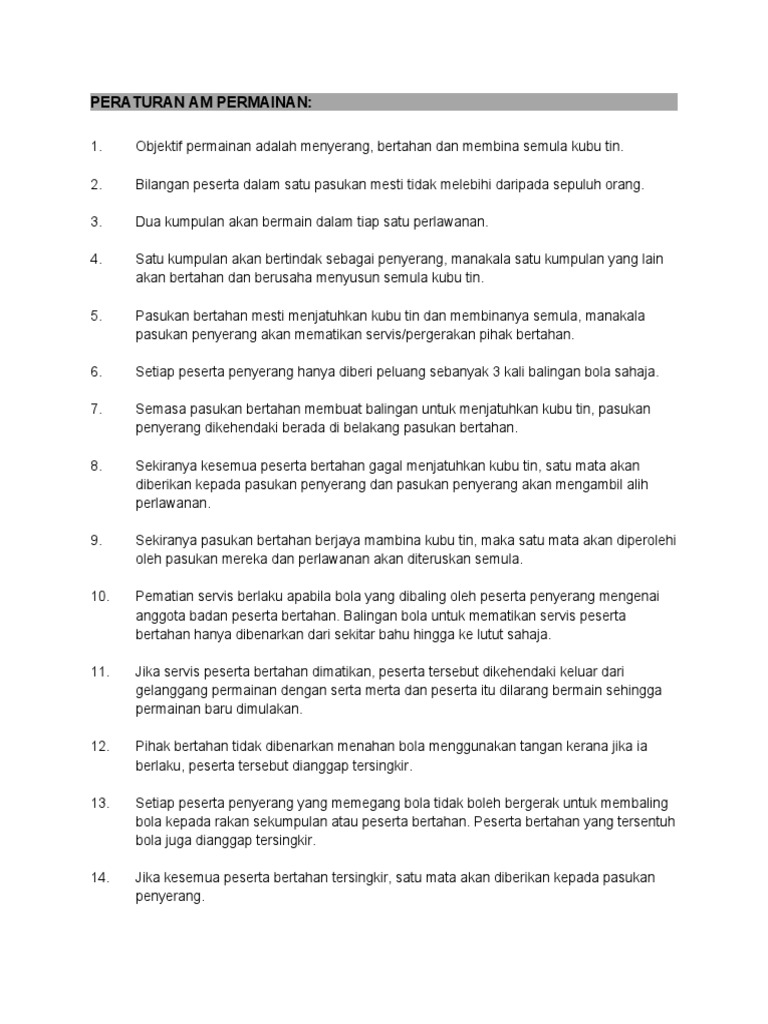 Peraturan Permainan Baling Tin | PDF