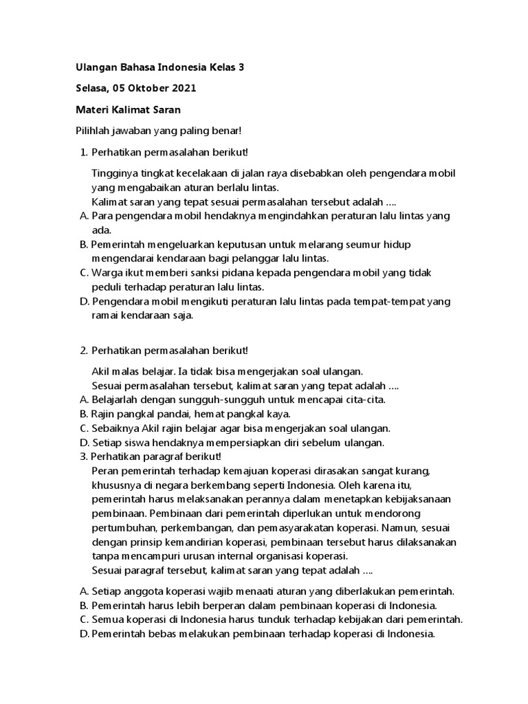 Contoh Kalimat Saran Kelas 3 SD | PDF | Ilmu Sosial
