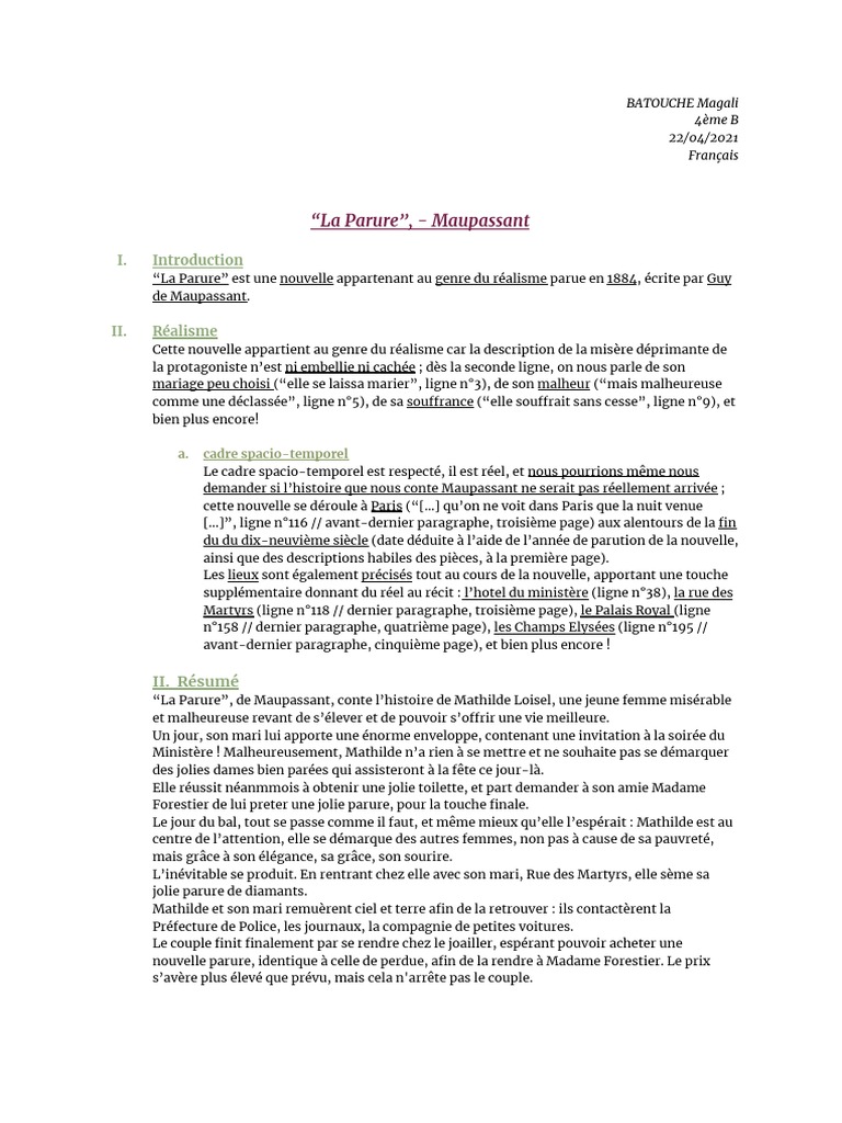 Analyse de "La Parure" de Maupassant | PDF