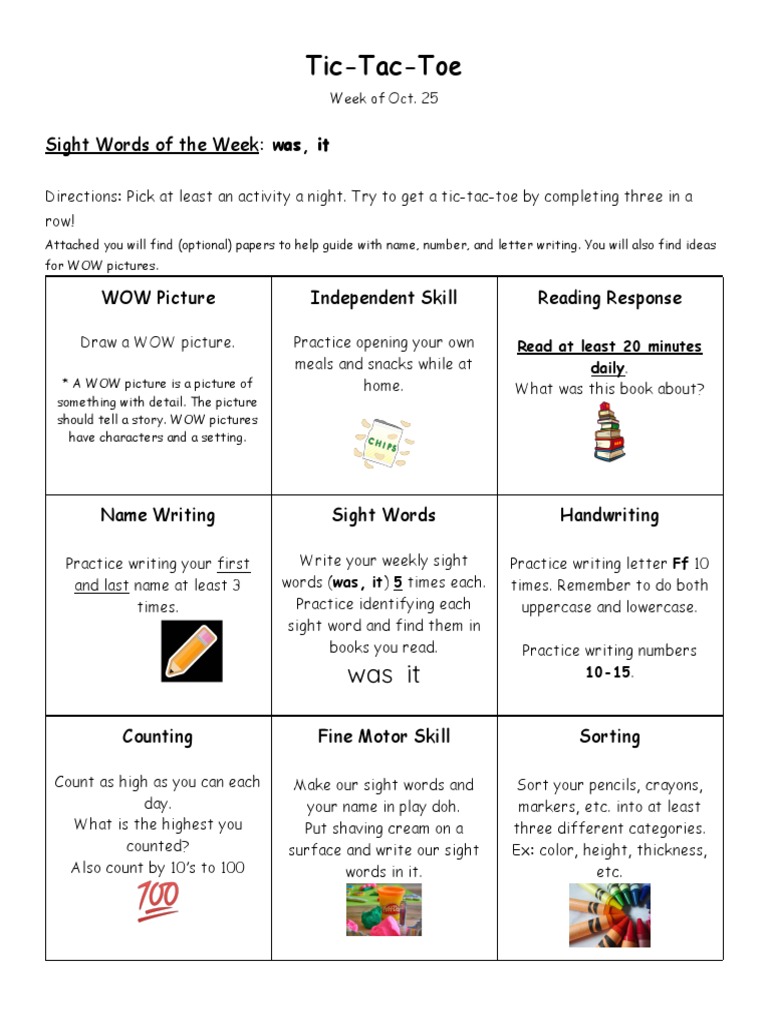 Tic Tac Toe Week of Oct | PDF | Language Arts & Discipline