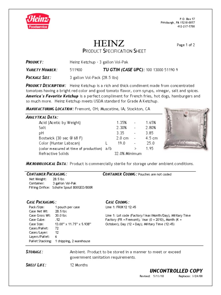 5806-511900 - Heinz Ketchup - 3 Gallon Vol-Pak - 5 13 10 | PDF ...
