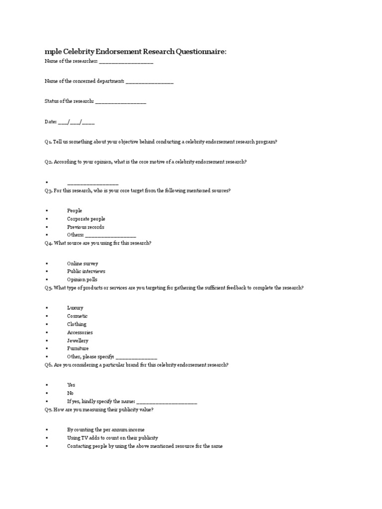 Mple Celebrity Endorsement Research Questionnaire | PDF