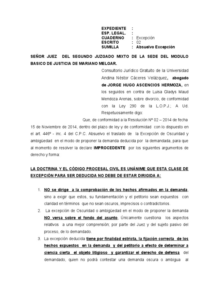 Absuelvo Excepcion | PDF | Demanda judicial | Justicia