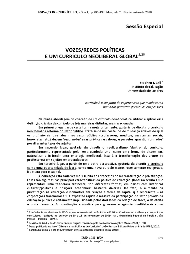 Ball, S. Vozes - Redes Políticas e Um Currículo Neoliberal Global | PDF ...