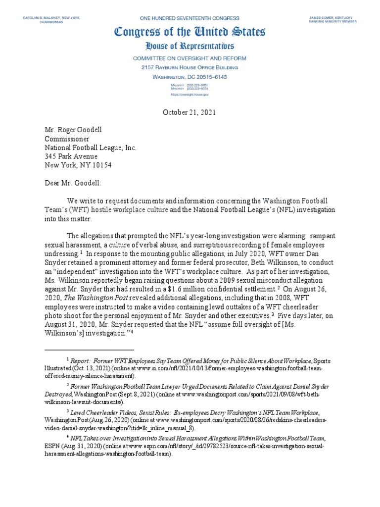 House Reform Committee Letter To Goodell/NFL | PDF | Computer File ...