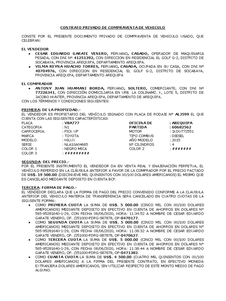 Contrato Privado de Compraventa de Vehiculo Cesar Garate V8a777 | PDF