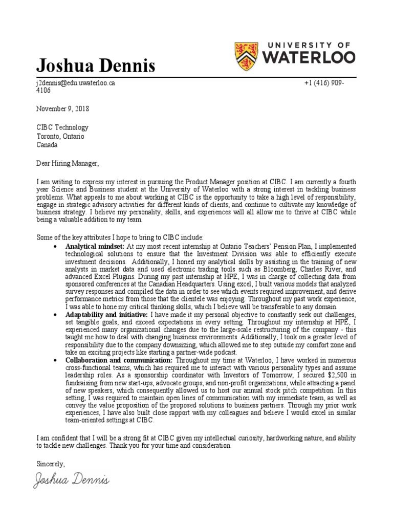 Joshua Dennis Cover Letter v2CIBCtech | PDF | Internship | Job Hunting