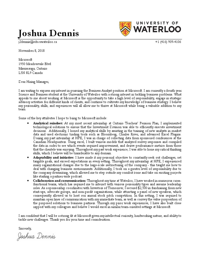 Joshua Dennis Cover Letter microsoftBA | PDF | Microsoft | Internship