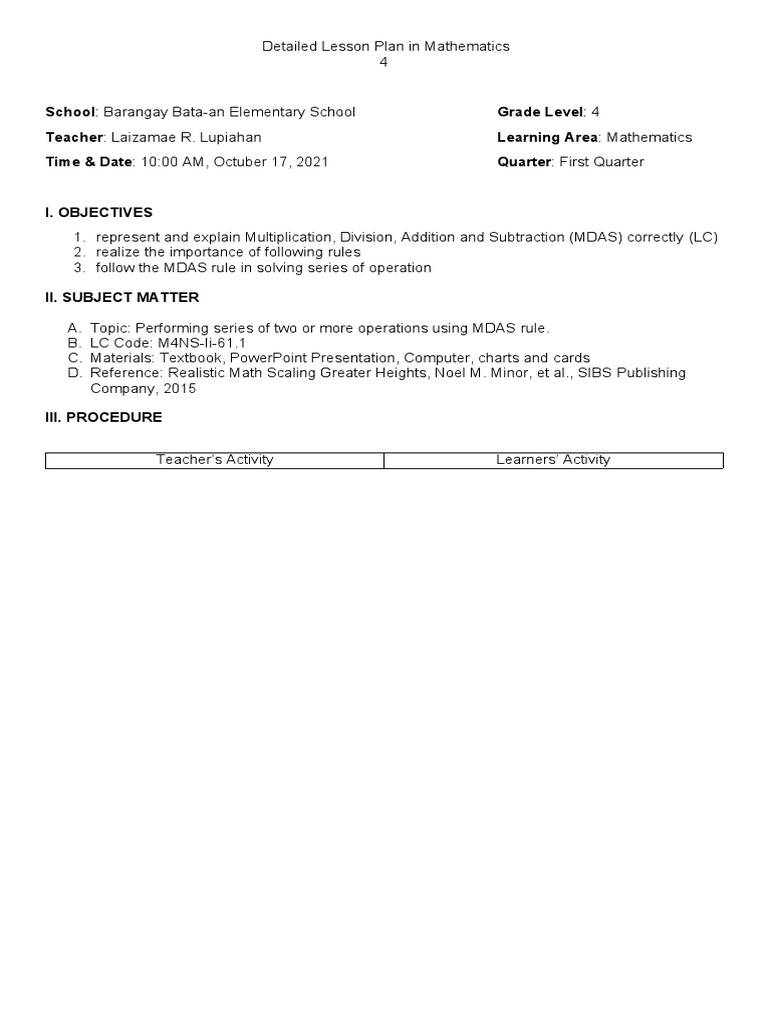 Detailed Lesson Plan in Mathematics 5 For Rankingdocx | PDF | Division ...