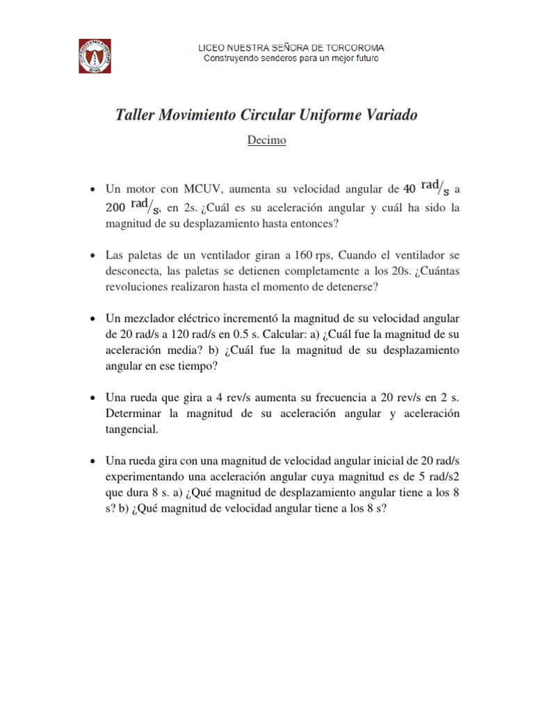 Taller Movimiento Circular Uniforme Variado | PDF