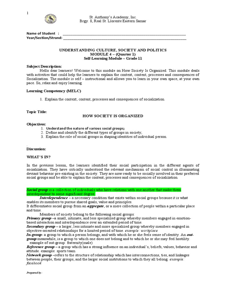 UCSP Module 4 Q1 (ANSWER KEY 3) | PDF | Social Group | Learning
