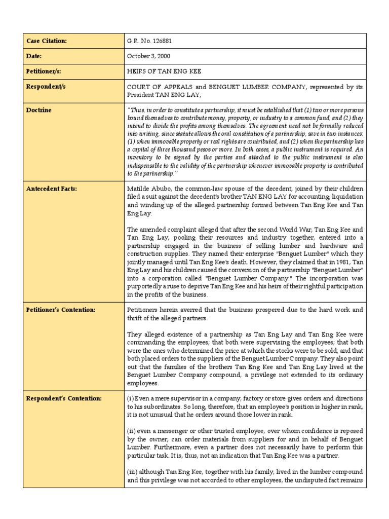 Heirs of Tan Eng Kee vs. CA | PDF | Partnership | Property