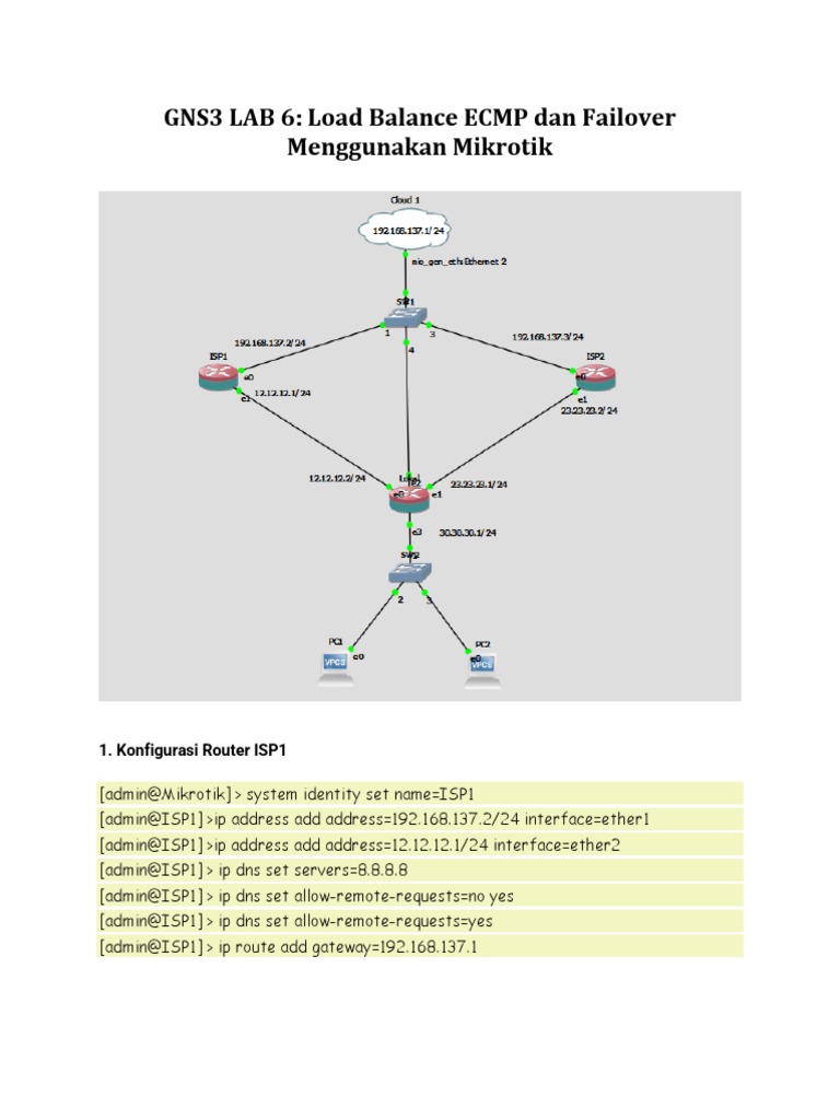 GNS3 LAB 6: Load Balance ECMP Dan Failover Menggunakan Mikrotik | PDF