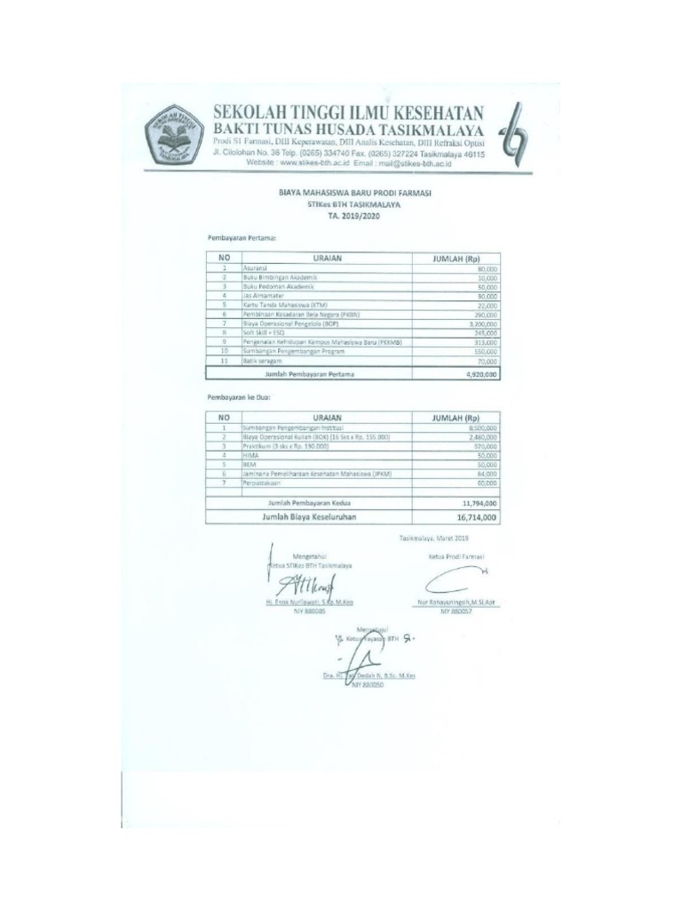 Rincian Biaya STIKes BTH | PDF