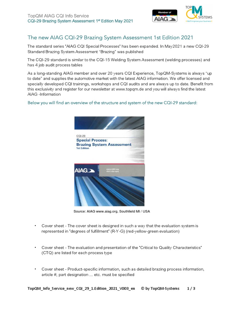 The New AIAG CQI-29 Brazing System Assessment 1st Edition 2021 | PDF ...