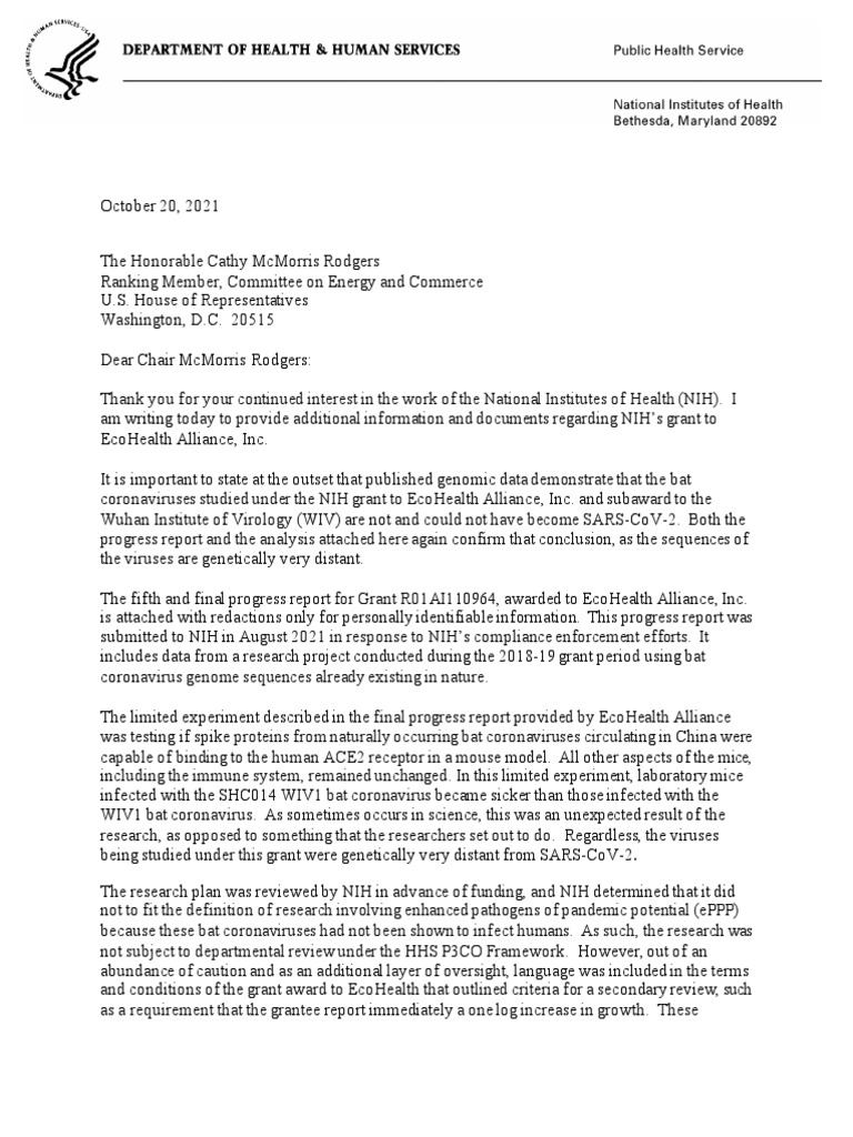 NIH Document Production Cover Letter 2021.10.20 McMorris Rodgers | PDF ...