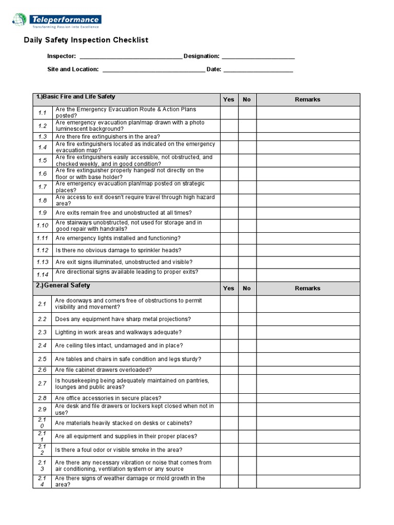 Daily Safety Inspection Checklist | PDF | Ac Power Plugs And Sockets ...