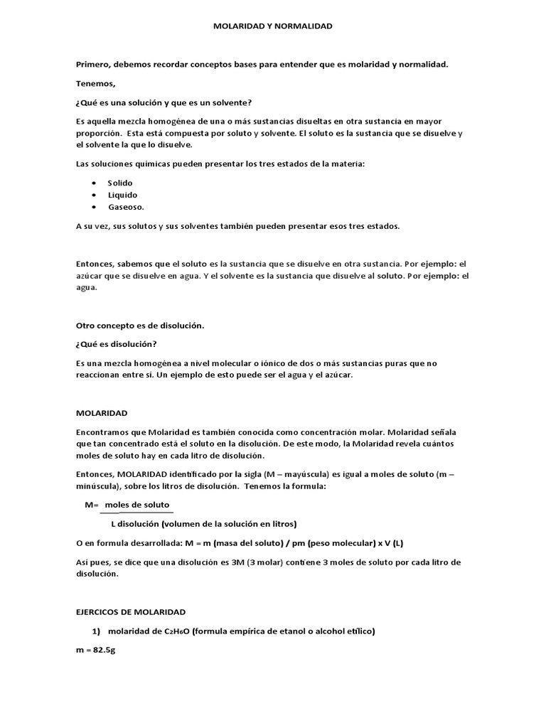 Molaridad y Normalidad | PDF | Concentración | Solución