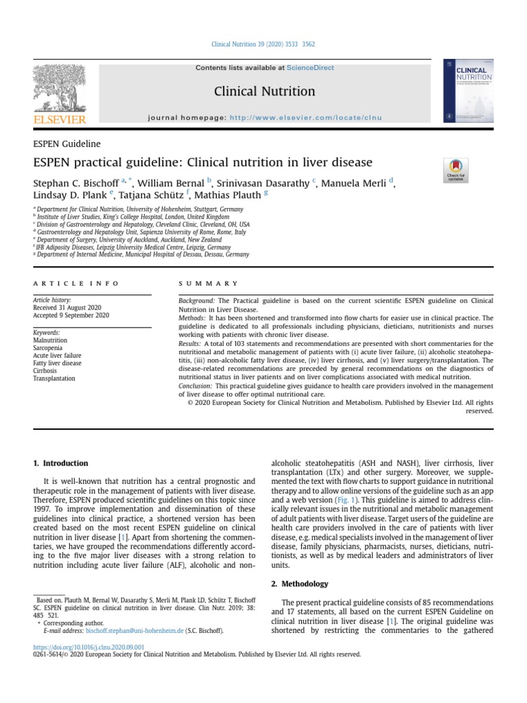 ESPEN Practical Guideline Clinical Nutrition in Liver Disease | PDF | Cirrhosis | Liver