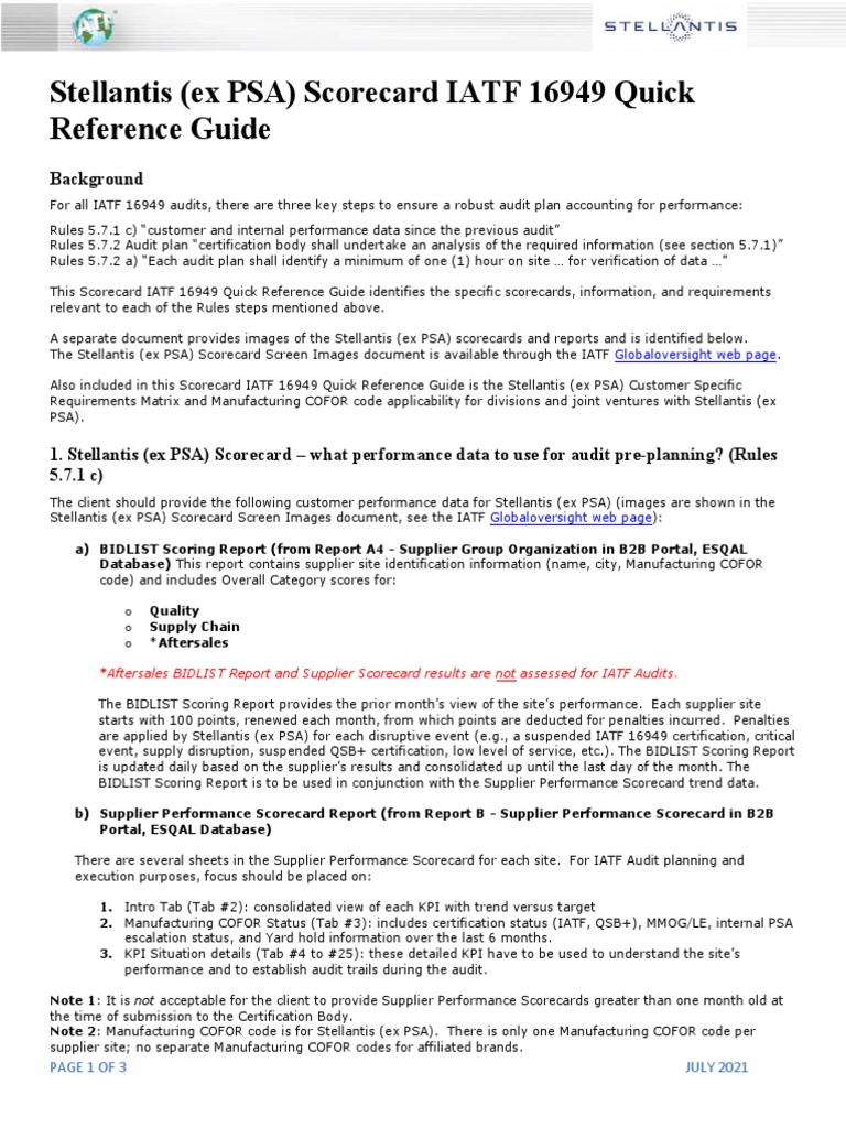 Stellantis (Ex PSA) Scorecard IATF 16949 Quick Reference Guide | PDF ...