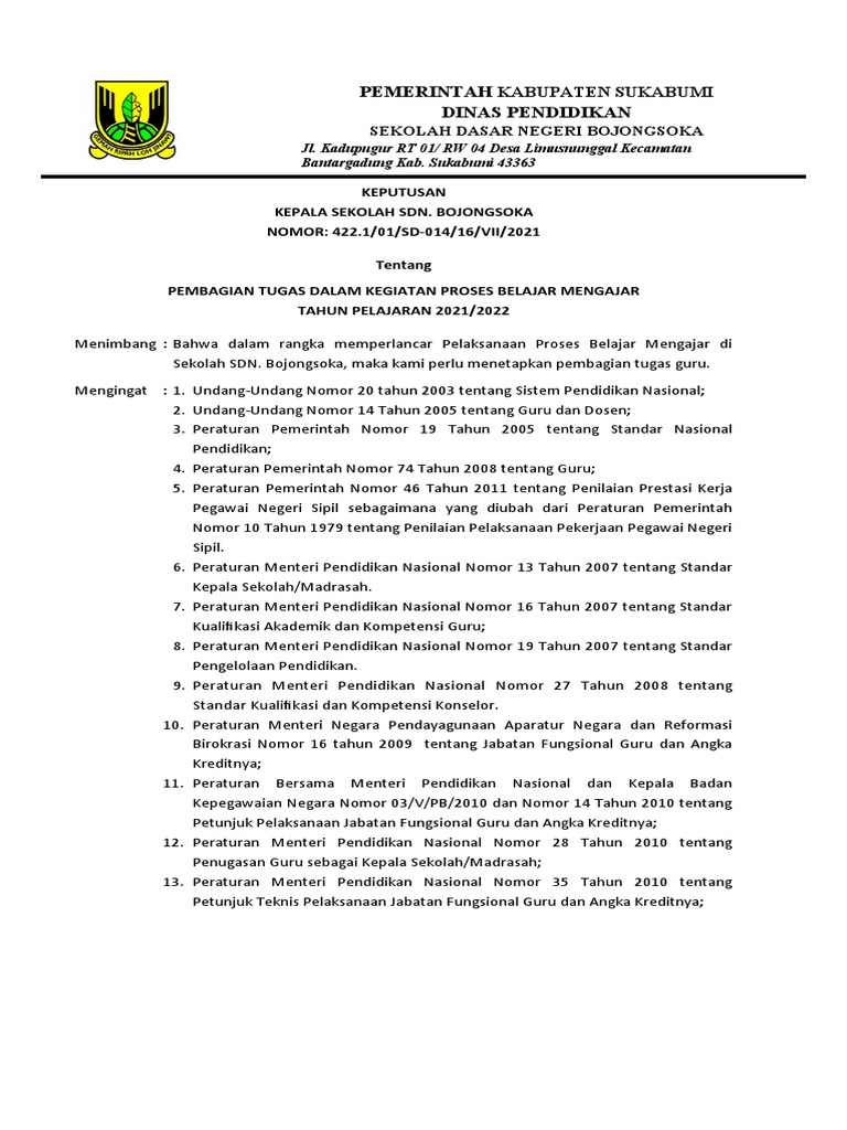 SK Pembagian Tugas 2021-2022 | PDF