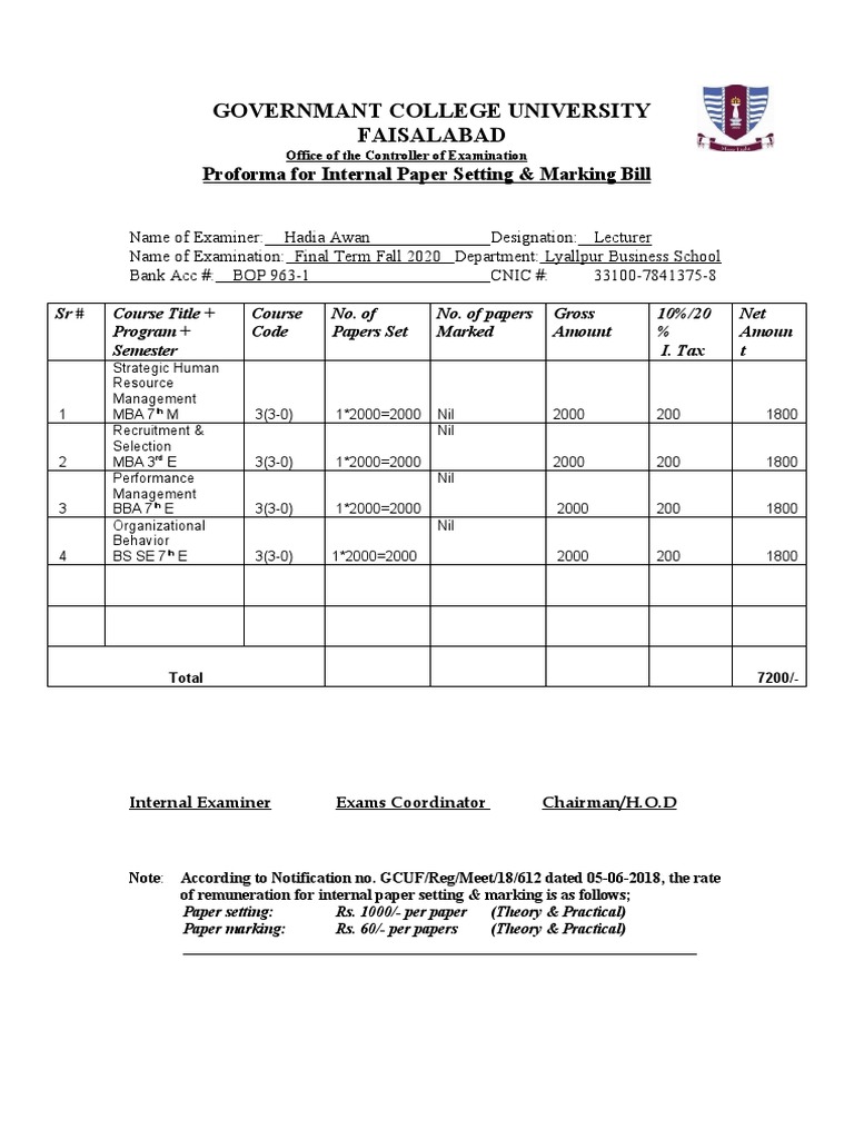 GCUF Internal Paper Marking Bill | PDF