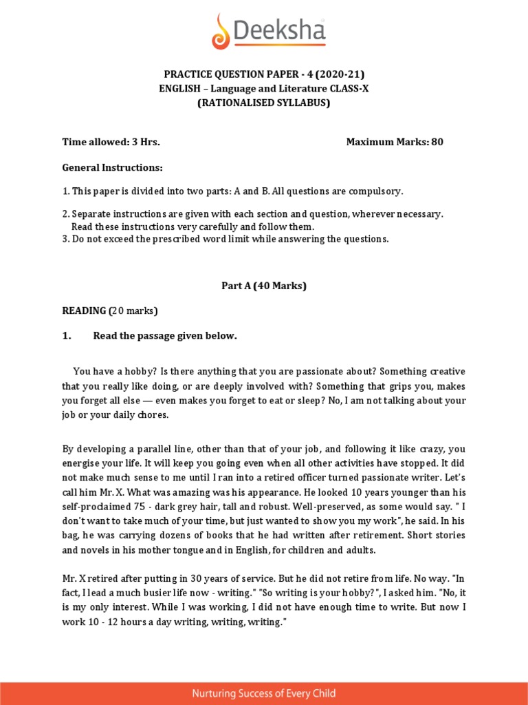 CBSE Class 10 English Sample Paper 4 With Solution 2020 2021 | PDF ...