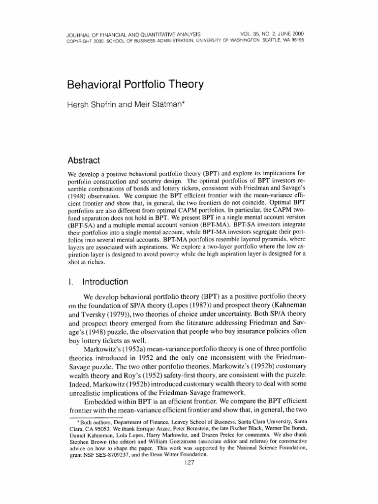 Behavioural Portfolio Theory Actual Paper - Shefrin | PDF