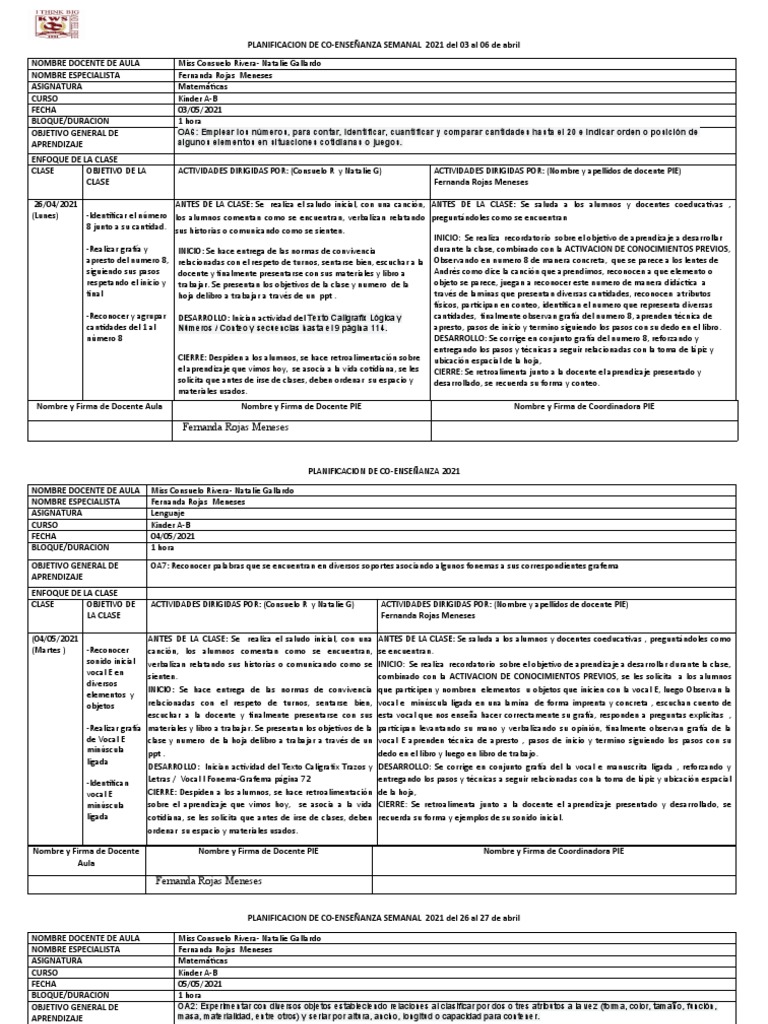 Planificación Co-enseñanza Kinder 2021 | PDF | Aprendizaje | Educación ...