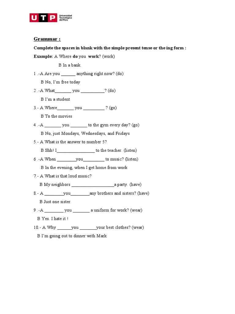 Grammar The Simple Present Tense and The Ing | PDF