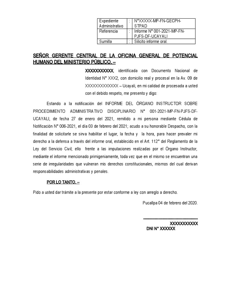Solicitud de Informe Oral en El Procedimiento Administrativo ...