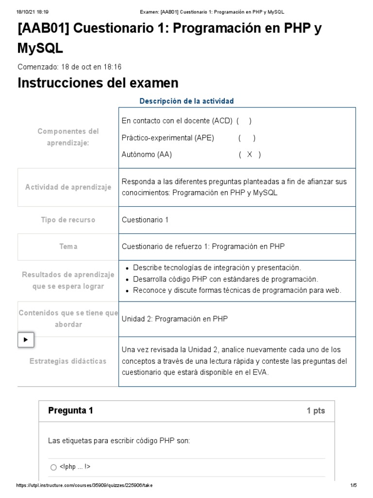 Examen - (AAB01) Cuestionario 1 - Programación en PHP y MySQL | PDF ... Examen - (AAB01) Cuestionario 1 - Programación en PHP y MySQL | PDF ...