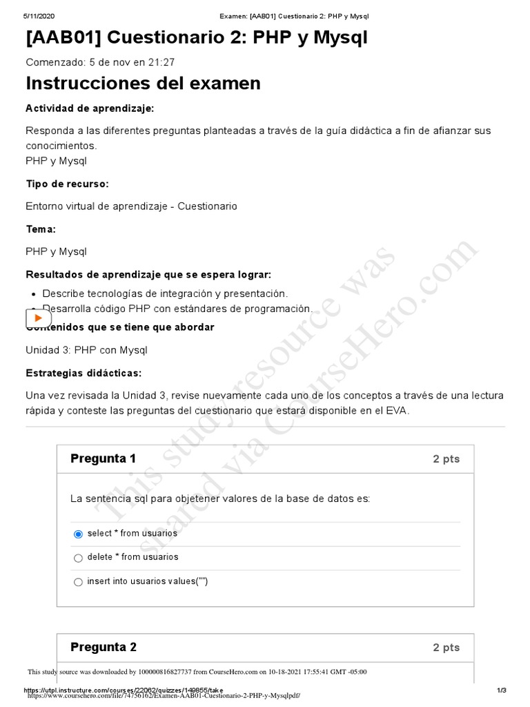 Examen AAB01 Cuestionario 2 PHP y Mysql PDF | PDF | SQL | Mi sql