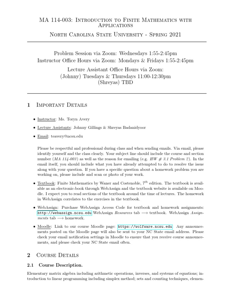 MA114 Syllabus Spring2021 | PDF | Matrix (Mathematics) | Test (Assessment)