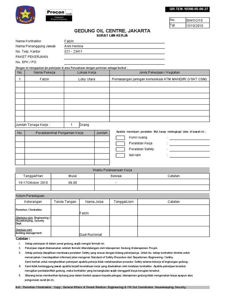 10300-05-00-27 Surat Ijin Kerja | PDF